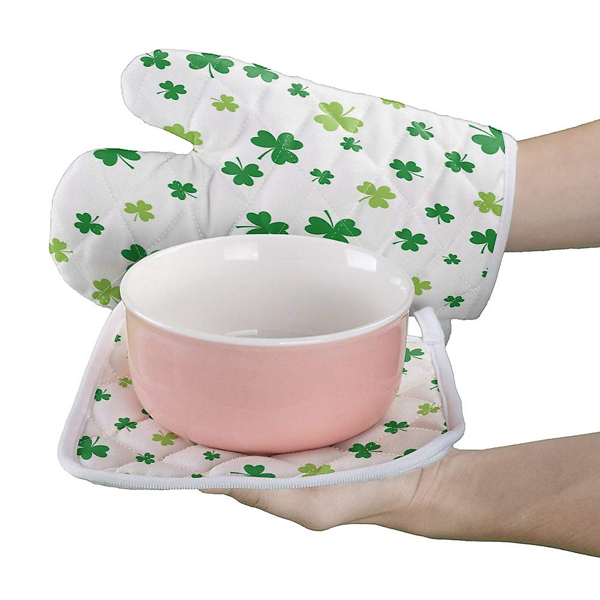 St. Patrick's Day Set of Oven Mitt and Pot Holder Shamrock Leaf Kitchen Mittens Non-Slip Heat Resistant Green Clover Cooking Gloves for Kitchen Cooking BBQ Baking Grilling 12+8