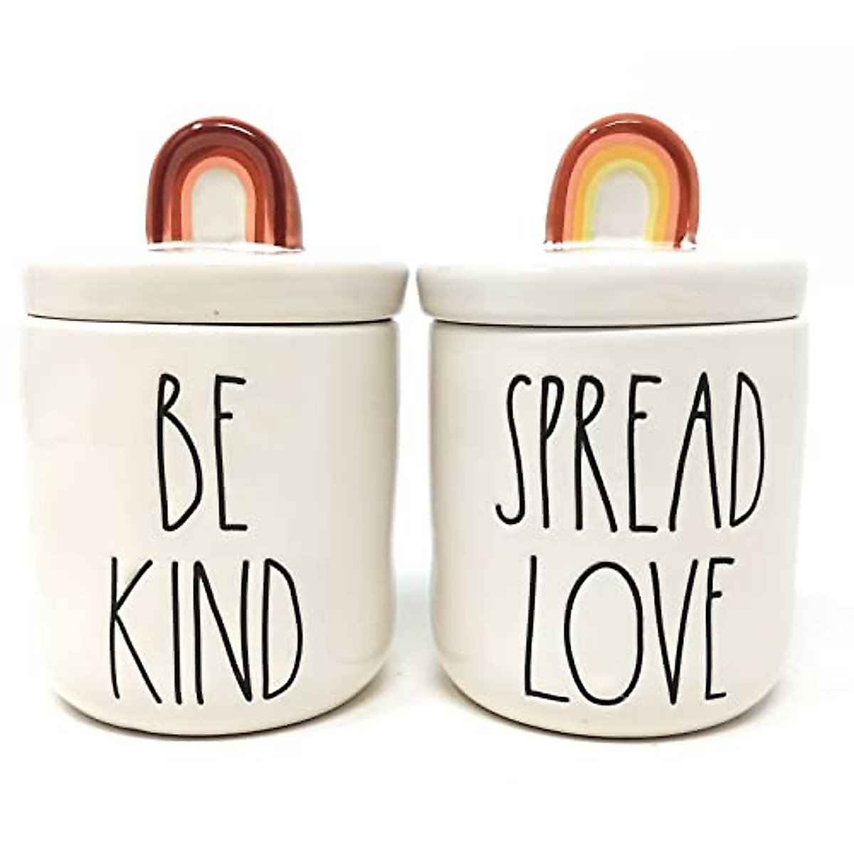 Rae Dunn by Magenta LL BE KIND and SPREAD LOVE Jar Set, Rainbow Handles, 4" tall x 2.75" wide each, Ceramic Jars, Bathroom, Bedroom, Make Up, Holder, Storage, Canister, Organizer