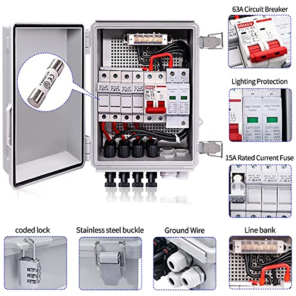 Taiss 4 String PV Combiner Box Solar Combiner Box with 63A Circuit Breaker and 15A Rated Current Fuse & Lightning Arreste Solar Connectors,IP65 Waterproof for On/Off Grid Solar Panel System