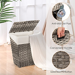 Giantex Laundry Hamper with Lid, Foldable Laundry Basket w/Removable Liner Bag, Handwoven Rattan Clothes Hamper w/Handles Anti-skid Pads for Living Room Laundry (Gray)