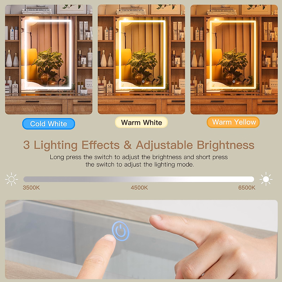 usikey Farmhouse Makeup Vanity Desk with Mirror and Lights, Glass Tabletop Makeup Vanity with Adjustable Shelves, Vanity Table Set with 2 Drawers and Side Cabinet for Bedroom, Maple