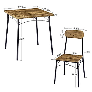 VECELO 3 Piece Dining Set, Metal and Wood Square Kitchen Breakfast Nook, Dinette, Table & Chair for 2, Brown