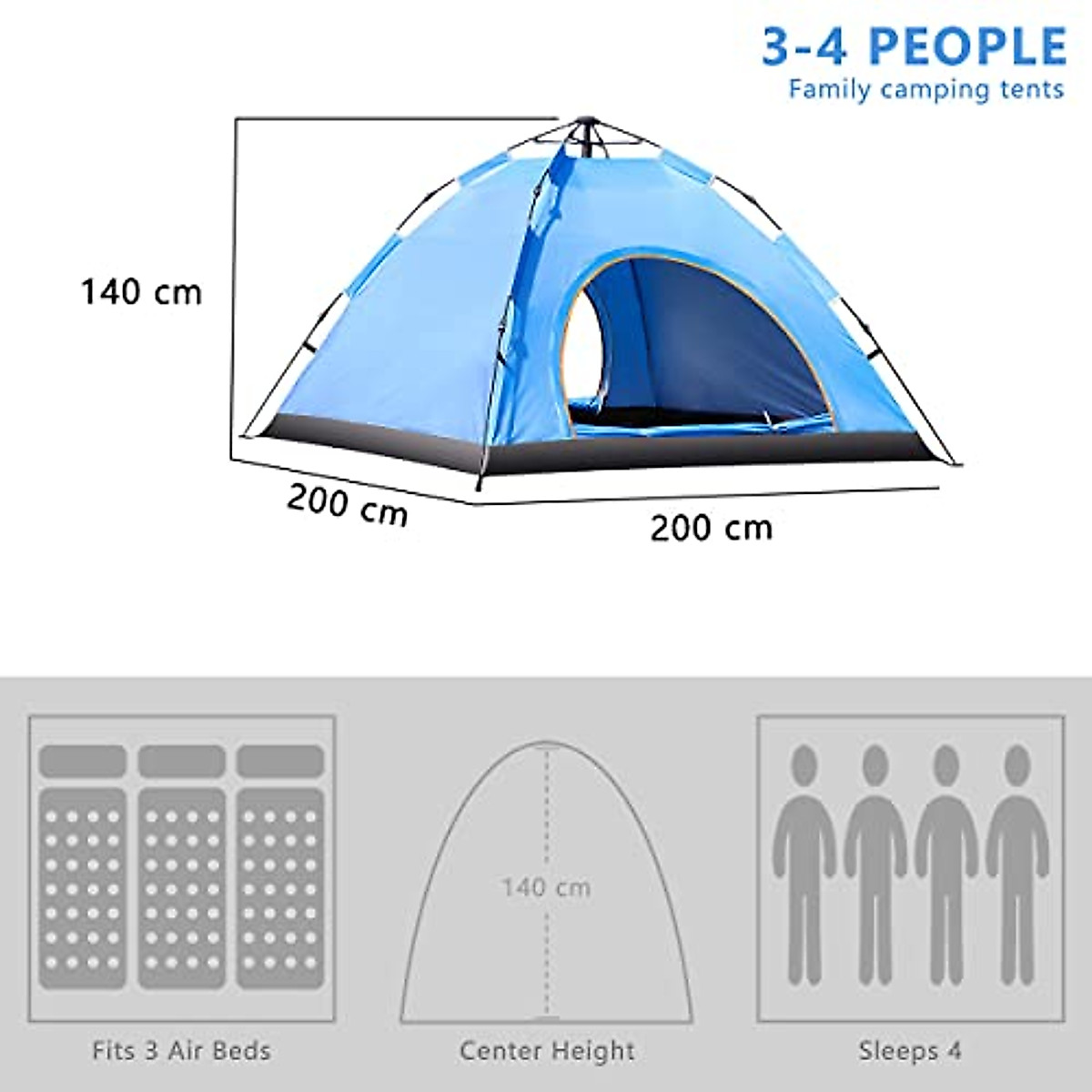Qisan Family Camping Tent 3-4 Person Automatic Hydraulic Canopy Tent Easy to Set up and Package Windproof Backpacking Tent for Camping, Hiking, Outdoor Festivals, Car Trip Blue Color