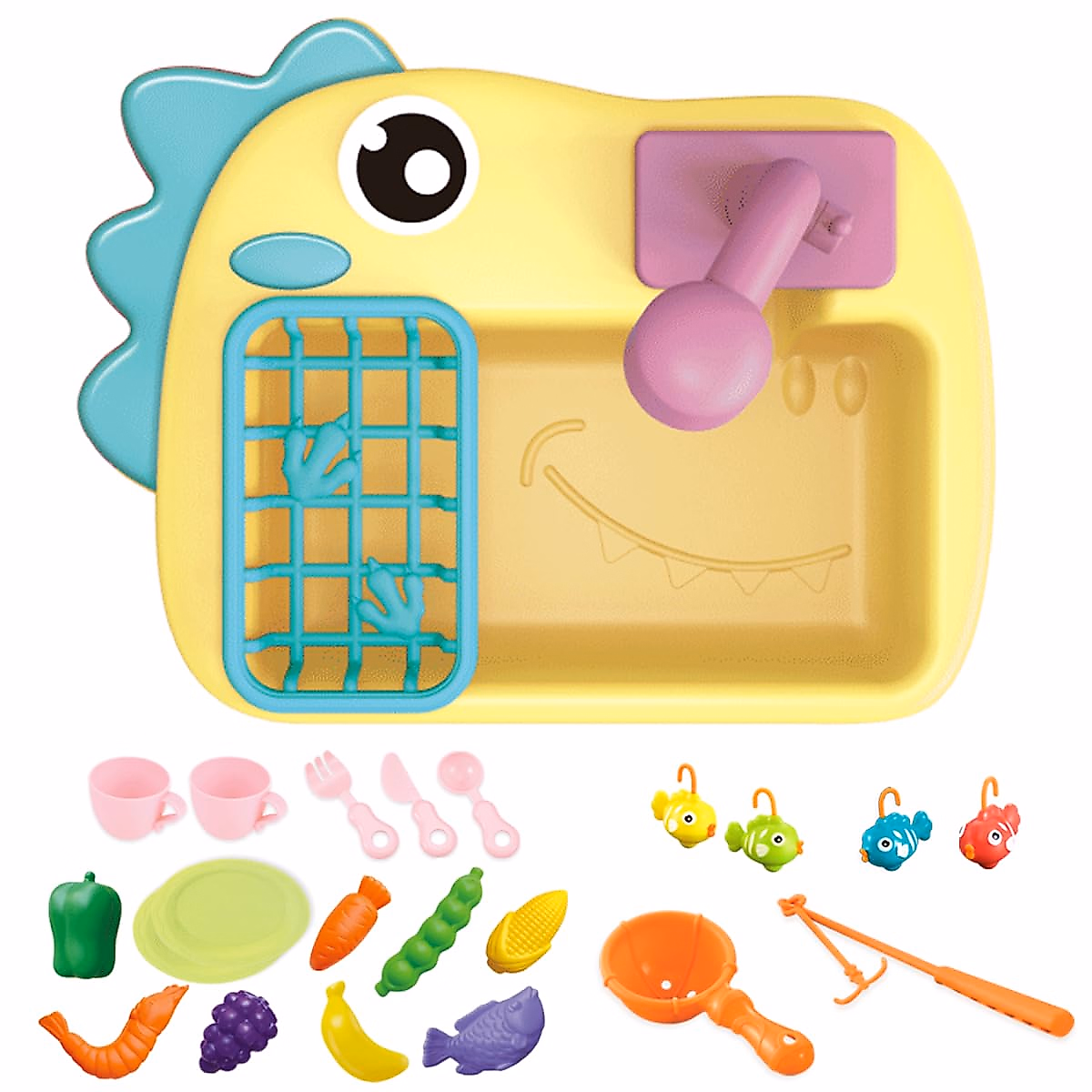 Kitchen Sink Toys with Running Water and Electric Faucet Automatic Water Cycle System，Play Kitchen Toy Accessories for Toddler,Pool Floating Fishing Toys，Pretend Role Play Toys for Boys Girls