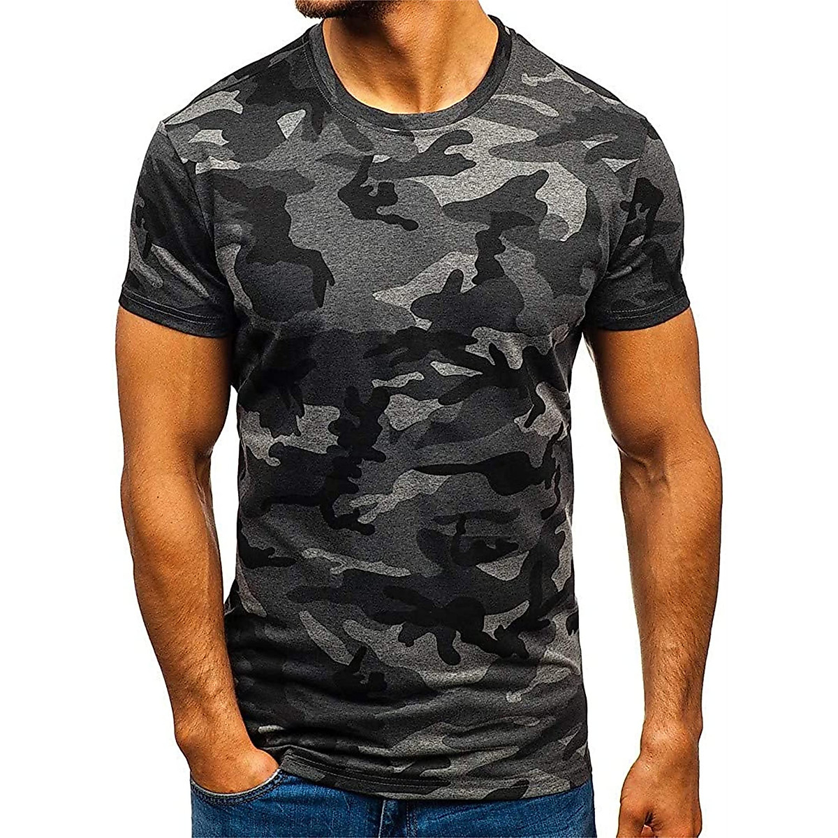 Men's Regular Fit Camo Crewneck T-Shirt Short Sleeve Camouflage Shirt Tops Slim Athletic Military Pullover Tees (Dark Grey,XX-Large)