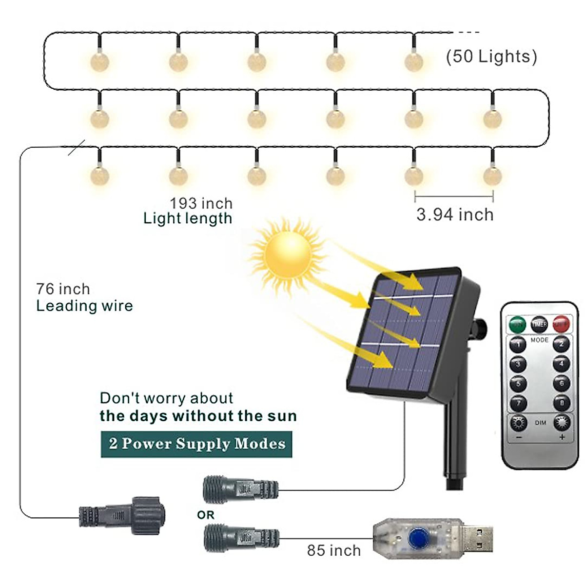 Benelet Solar Outdoor String Lights or USB Powered,Waterproof LED Globe Crystal Balls Decorative Lighting for Garden Home Party Wedding Christmas Decoration,50 LED,20 Free Curtain Clips (Warm White)