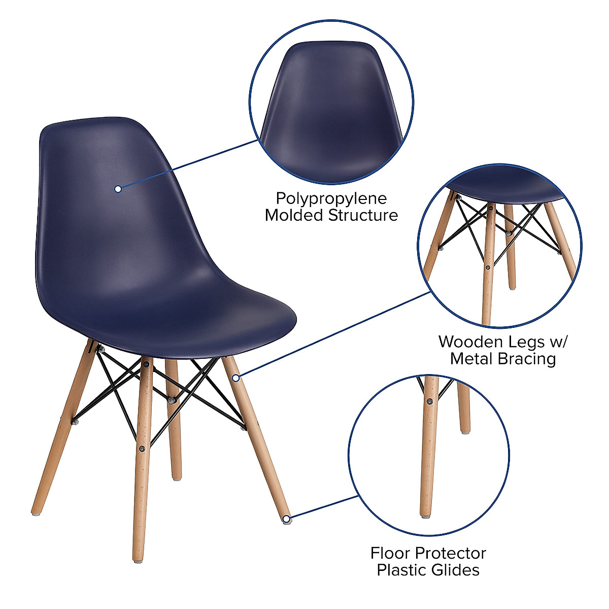 Flash Furniture 2 Pack Elon Series Navy Plastic Chair with Wooden Legs for Versatile Kitchen, Dining Room, Living Room, Library or Desk Use