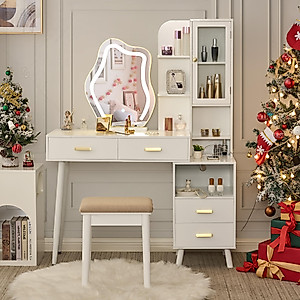 ANWBROAD White Vanity with Lighted Mirror Vanity Desk with Mirror and Lights Girls Vanity with Power Outlet Stool Drawers Shelves Charging Station 3 LED Lighting Modes Bedroom Makeup Table UBDT55W