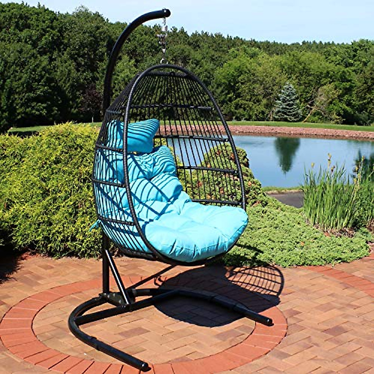 Sunnydaze Julia Hanging Egg Chair with Stand and Blue Cushions - Comfy Collapsible Outdoor Egg Chair Swing with Stand - Black Polyethylene Wicker Rattan Frame with Steel Stand - 76 Inches Tall