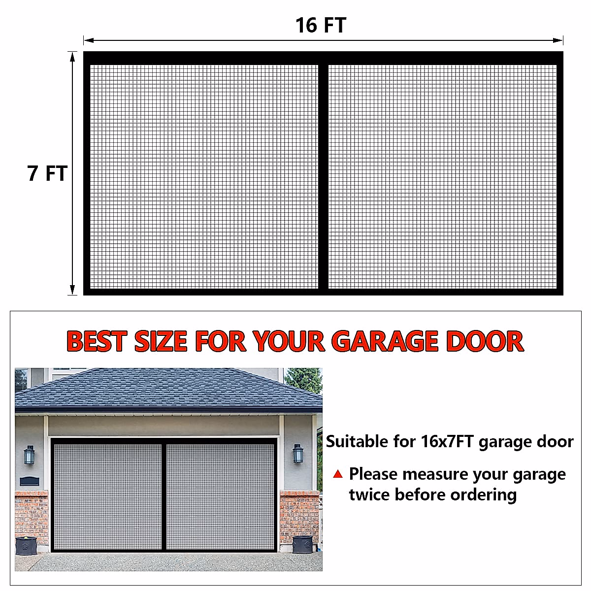 Garage Door Screen for 2 Car Garage Doors, Butizone 16x7FT Reinforced Fiberglass Magnetic Single Garage Screen Door with High Energy Magnets, Hands Free and Easy Assembly