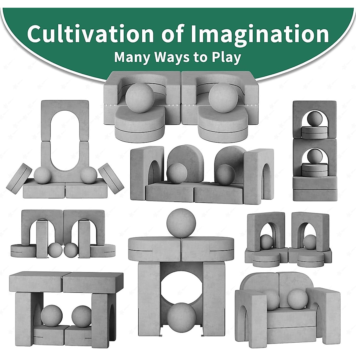 8 Pcs Kids Couch, Modular Kids Play Couch, Fold Out Toddler Couch Building Fort with Balls for Playroom, Convertible Kids Floor Sofa and Foam Couch for Boys and Girls, 30+ Creativity - Grey