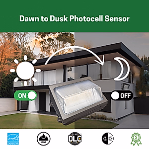 E2 Lighting Non Cut Off LED Wall Pack 80 watts with Emergency Battery Backup and photocell / E2WP80W27V50K-E, RoHs Compliant UL and DLC Certified LED Wall Packs Commercial, 5 Year Warranty