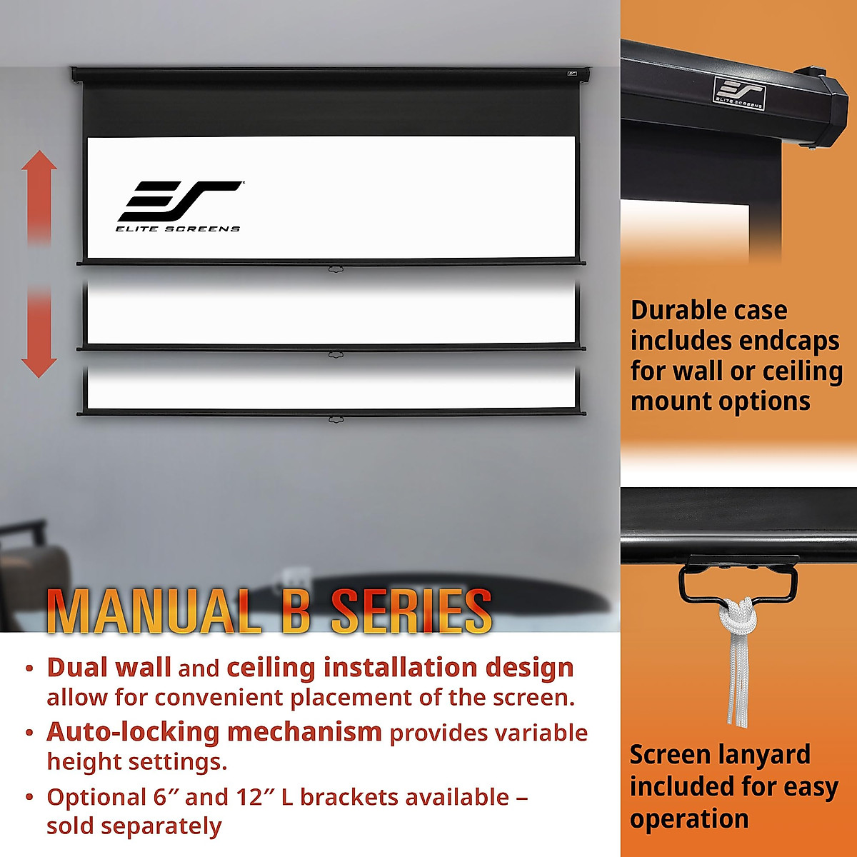 Elite Screens Manual B 110-INCH Manual Pull Down Projector Screen 4K 8K 3D Ultra HDR HD Ready Home Theater Movie Gaming Presentation Screen, M110H