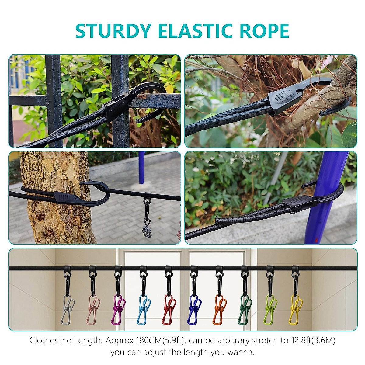 Retractable Car Carrying Camping Drying Portable Clothesline, 10 Clothespins, Home Use Hole-Free Clothesline for Traveling, Car Carrying, Outdoor Camping