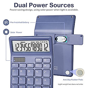 Calculators Desktop, Large Display Solar and Battery Power, Aesthetic Office Supplies, 12 Digit Small Basic Standard Functional Desk Calculator Cute for Office, Home, School (Blue)