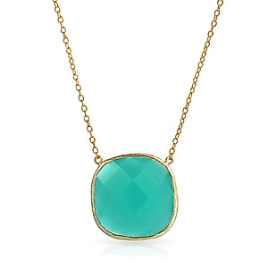 Exquisite Teal Blue-Green Faceted Stone Pendant Necklace for Women - Simulated Chalcedony Quartz, Bezel Setting, 14K Gold-Plated .925 Sterling Silver - Timeless Elegance