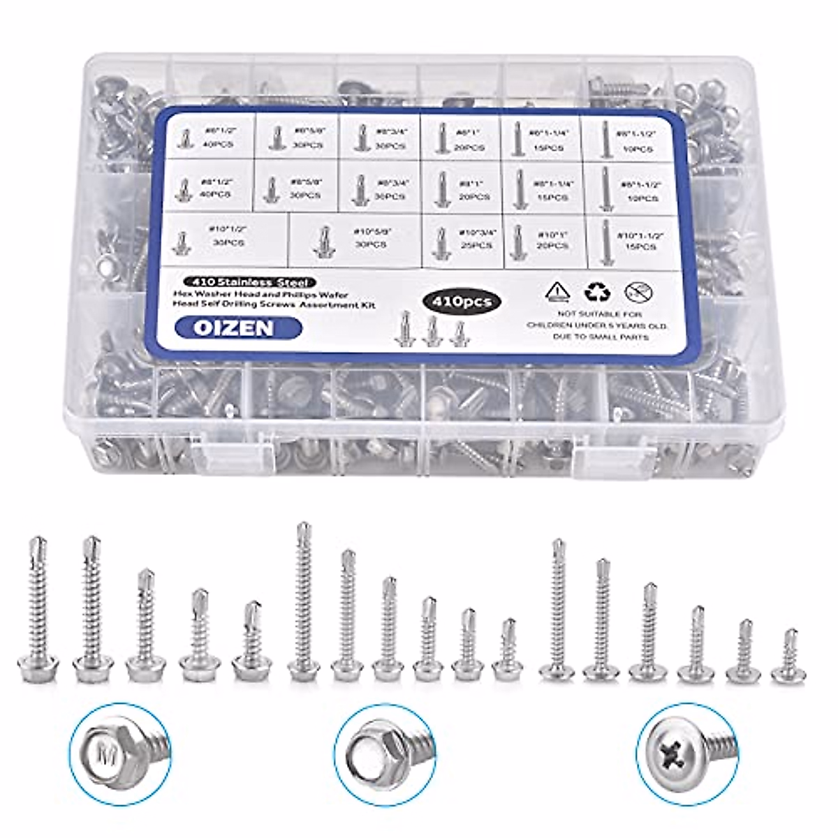 OIZEN 410PCS 410 Stainless Steel Self Drilling TEK Screw Assortment Kit (Silver),Hex Washer Head & Wafer Head Screws,Multiple Length