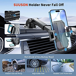 SUUSON Car Phone Holder Mount [Upgraded]-[Bumpy Roads Friendly] Phone Mount for Car Dashboard Windshield Air Vent 3 in 1,Hand Free Mount for iPhone 15 14 13 Pro Max Samsung All Cell Phones (Black)