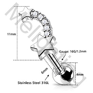 Melighting 16G Catilage Earrings 316L Surgical Steel Helix Earrings Clear CZ Star Cluster Tragus Piercing Jewelry for Women Men Body Piercing Jewelry