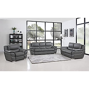 Blackjack Furniture Binion 1 Piece Modern Genuine Leather Sofa for Living Room with Padded Headrest, Wide Arms & Chrome Accents, Elegant Upholstered Couch, Sofa, Gray