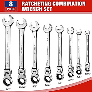 WORKPRO 8-piece Flex-Head Ratcheting Combination Wrench Set, SAE 5/16-3/4 in, 72-Teeth, Cr-V Constructed, Mirror Polished Chrome Plated with Roll Up Pouch