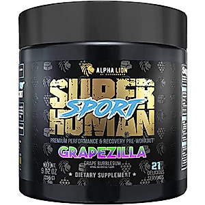 Alpha Lion Superhuman Sport Pre Workout Powder, Preworkout for Men & Women, Sports Nutrition Supplement, for Muscle Soreness, Recovery & Training, Energy & Focus (21 Servings, Grapezilla Flavor)