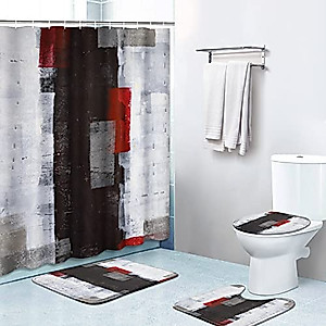 4 Piece Shower Curtain Sets, with 12 Hooks, Red Grey Black Abstract Contemporary Gallery with Non-Slip Rugs, Toilet Lid Cover and Bath Mat, Durable and Waterproof, for Bathroom Decor Set, 72" x 72"
