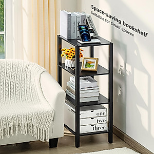 YUFAM 4 Tier Tall Wooden Bookshelf with Storage - Small Bookcase for Small Spaces, Small Shelf for Living Room, Office, Bedroom, Kitchen - Industrial Modern Black Book Shelf