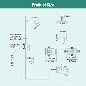 Heyalan Bathtub Shower Faucet Set,6 Inch Square Shower Trim Kit Single Handle Shower System,Showerhead and Handle Set Male Thread Pressure Balance Valve,With Tub Spout,Matte Black