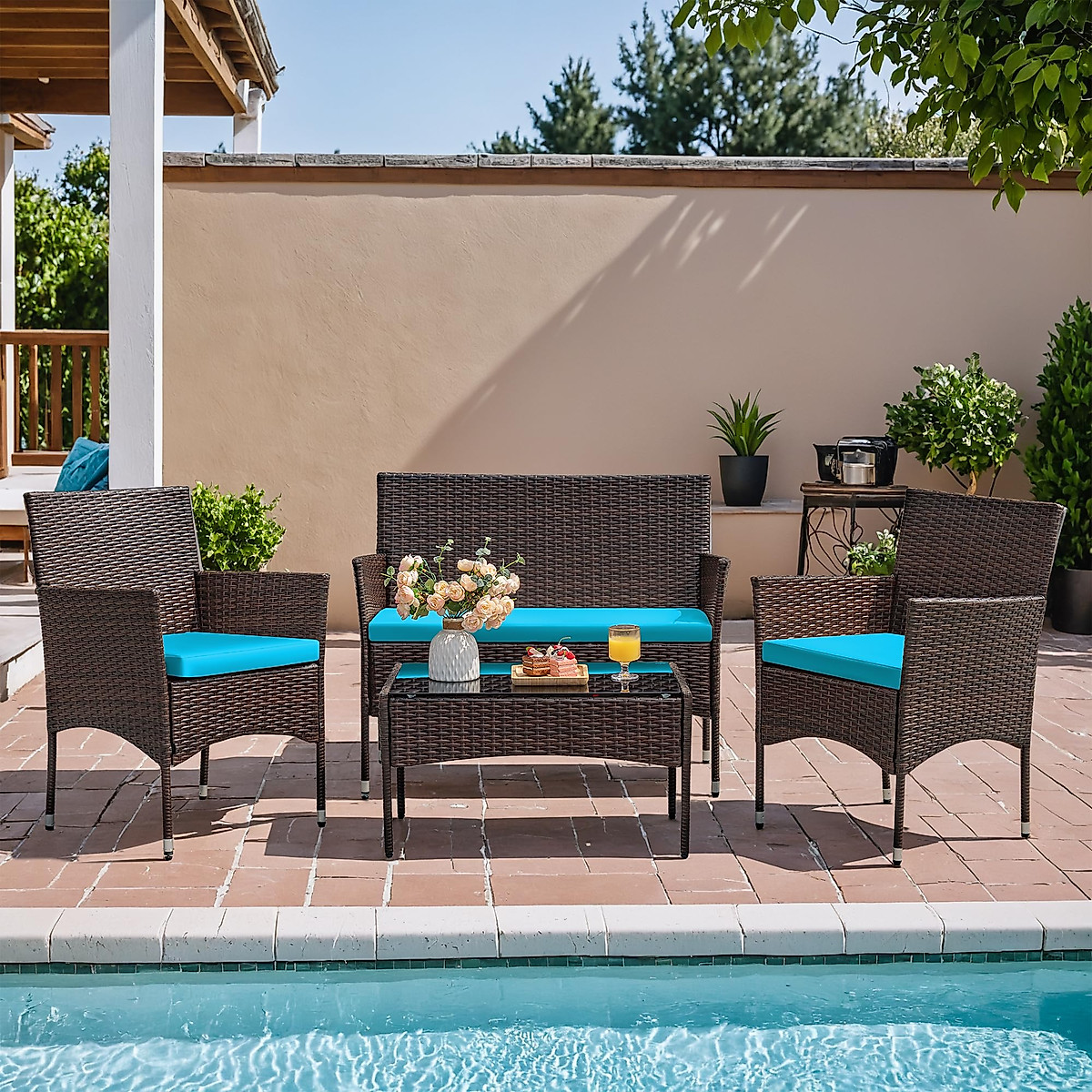 Homall 4 Pieces Patio Rattan Chair Wicker, Outdoor Indoor Use Backyard Porch Garden Poolside Balcony Furniture Sets (Blue)