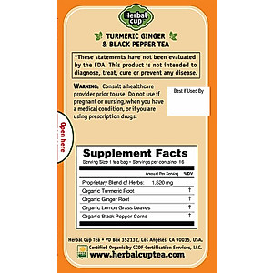 Herbal Cup Ayurveda Turmeric Tea, Organic Ginger & Black Pepper, No Caffeine Herbal Supplement (16 Count, Pack of 1)
