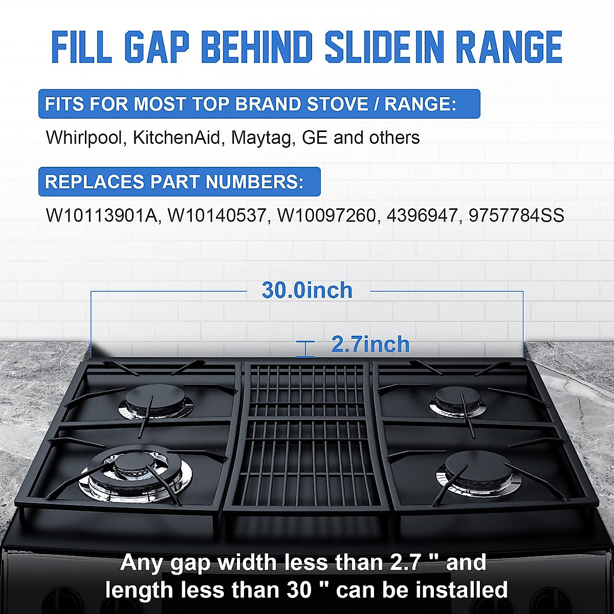 30" Slide-in Range Rear Filler Kit W10113901A, Stove Gap Universal Triangular Filler Strip, Cooktop Trim Kit Between Stove and Backsplash for Whirlpool & Most Brand, Durable Aluminum, Black