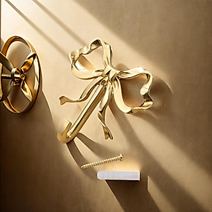Bow Hook for Wall Decorative Bowknot Hook Gold Coat Hooks Wall Peg Hook Bow Hanging Hook Towel Hook Brass Bow Hook for Home (3.62X3.54X0.79in,Gold)