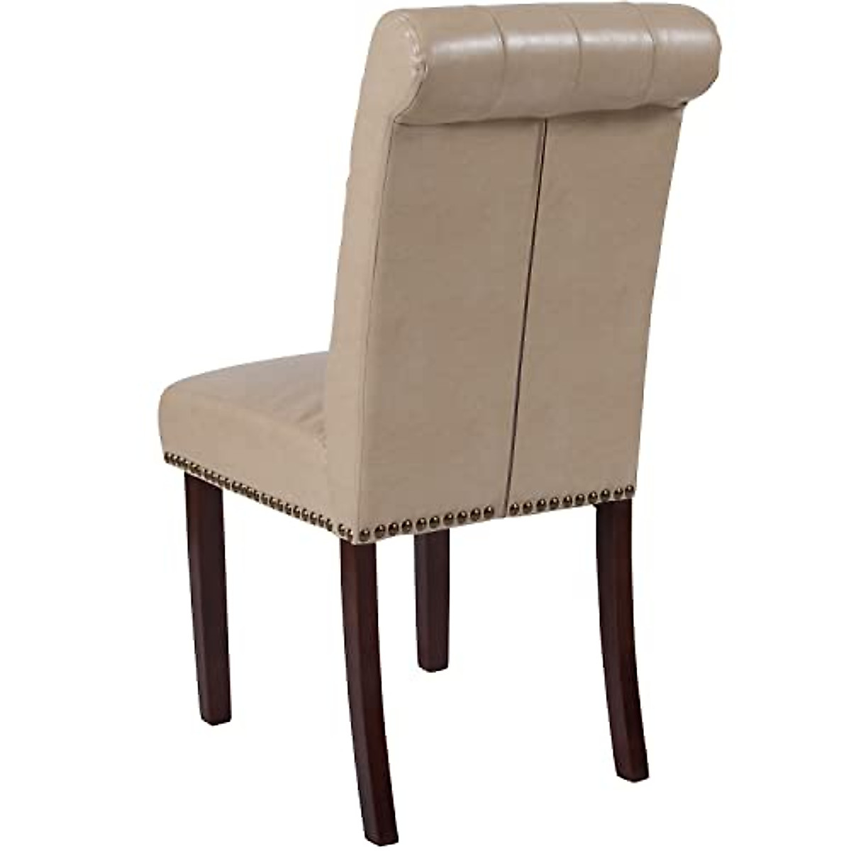 Flash Furniture Set of 4 Hercules Series Beige LeatherSoft Parsons Chairs with Rolled Back, Accent Nail Trim and Walnut Finish