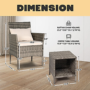 Tappio 3 Piece Patio Conversation Bistro Set, Porch Balcony Furniture Set Outdoor Chat Furniture, Wicker Chairs and Storable Table Set for Yard Balcony Backyard Apartment, Gray/Beige