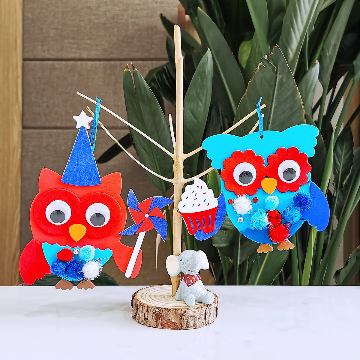 Winlyn 24 Sets 4th of July Patriotic Owl Ornaments Decorations DIY Patriotic Craft Kits Owl Red White Blue USA Flag Pinwheel Stickers Googly Eyes for Kids Favors Classroom Home Activity Art Project