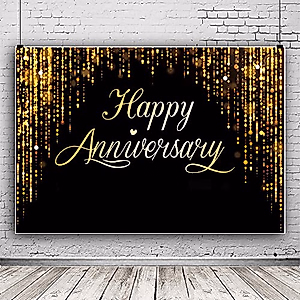 Happy Anniversary Party Decorations Backdrop, Black Gold Glitter Bokeh Dots Wedding Anniversary Party Photo Background Cake Table Banner Extra Large Wall Decor Props (73'' x 50'')