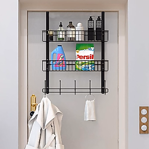 Aimeaihe Over The Door Hooks, Door Hanger Towel Rack with 5 Coat Hooks & 2 Mesh Basket, Over Door Organizer for Bathroom, Bedroom, Kitchen, Office, Easy Installation, Black