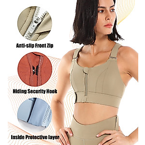 TECOX Zip Front Adjustable Sports Bras for Women High Impact Support Post Surgery Compression Bra with Adjustable Straps Front Zipper Cross Back Wireless Padded Running Workout Sports Bra Grey