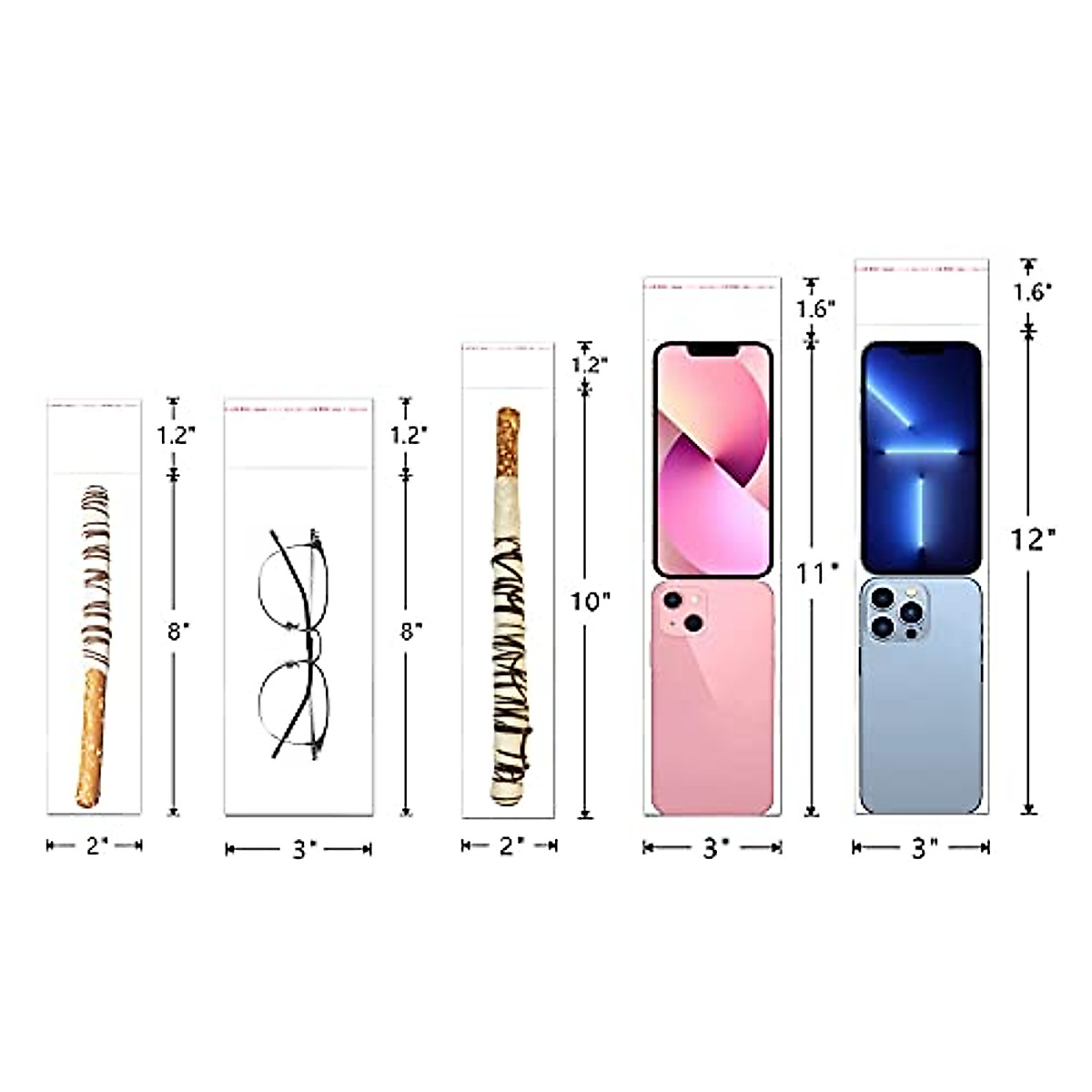 Long Self Adhesive Cellophane Bags 2x8" Clear Cello Baggies 100pcs Self Stick OPP Poly Bags 2mil for Pretzel Rods Pen Necklace Candy Cutlery Candle Golf Balls Long Bread (5 Sizes to Choose from)