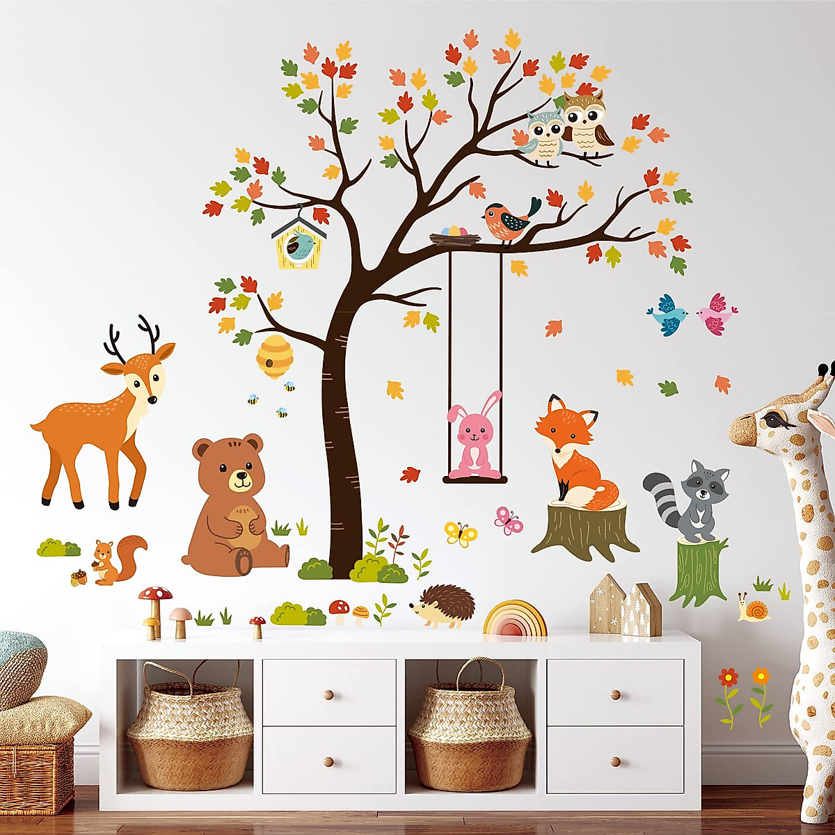 DECOWALL SG-2208 Tree and Animals Wall Decals Stickers Nursery Kids Autumn Bedroom d?cor Baby Room Forest Deer Woodland Fox playroom Jungle Living Classroom Squirrel Art Bear DIY owl Removable