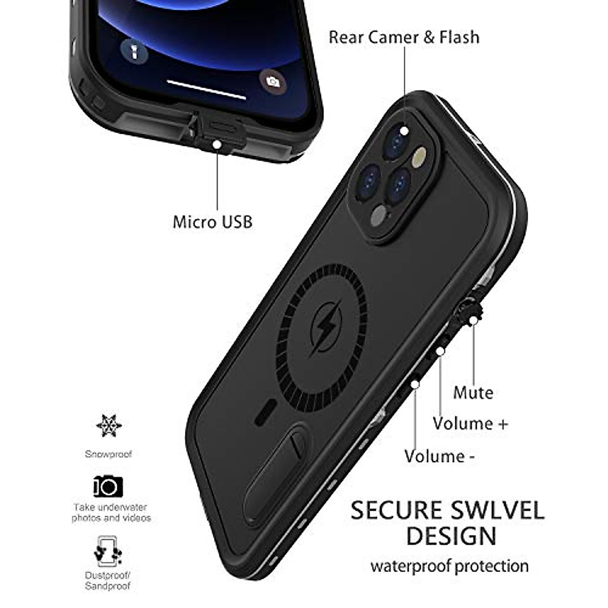 Diverbox Design for iPhone 12 Pro Max Waterproof Case with Kickstand, Durable Shockproof Phone Case Cover with Built in Screen Protector for iPhone 12 Pro max 6.7'' Only (Black)