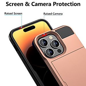 Vofolen for iPhone 14 Pro Max Case Wallet Credit Card Holder ID Slot Sliding Door Hidden Pocket Women Anti-Scratch Dual Layer Hybrid Bumper Armor Protective Shell Cover 6.7 inch Rose Gold