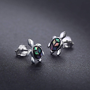 Cuoka Sea Turtle Earrings 925 Sterling Silver Abalone Shell Sea Turtle Stud Earrings,Hawaiian Ocean Beach Turtle Earrings Jewelry for Women Turtle Lovers