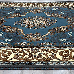 Allstar 8x10 Turquoise and Ivory Classic French Country Machine Carved Effect Rectangular Accent Rug with Mocha and Espresso Bordered Medallion Design (7' 9" x10' 1")