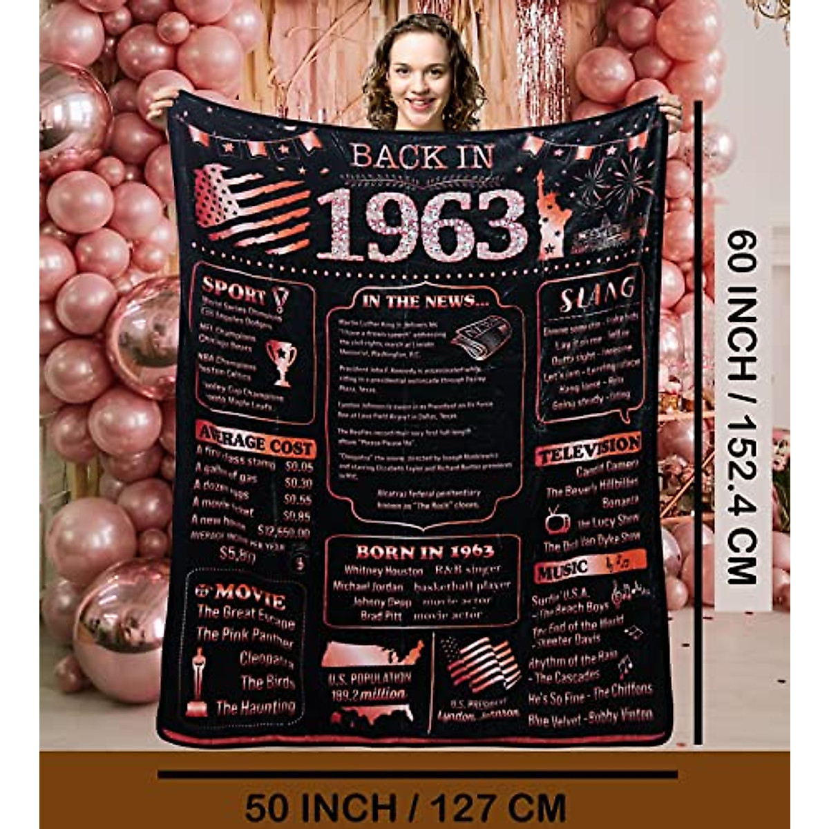 Henghere 60th Birthday Gifts for Women Friend, Mom, Grandma, Sister, Wife, Aunt, Coworker, Happy 60 Year Old Birthday Decorations Women | Blanket for Bed Sofa 60x50 Inches, Rose Gold