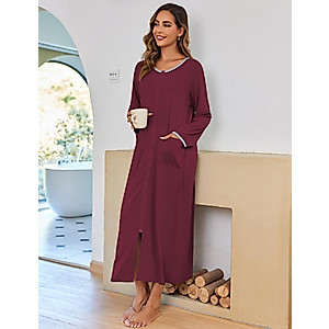 Ekouaer Women Long House Coat Zipper Front Robes Full Length Nightgowns with Pockets Striped Loungewear(Wine Red,X-Large)