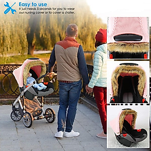 Yinuoday Baby Car Seat Cover with Faux Fur Hem Winter Knitted Stretchy Infant Stroller Cover Carseat Canopy for Boy Girl Indoor Outdoor