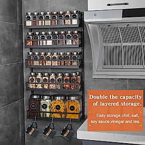 X-cosrack Wall Mount Spice Rack Organizer 5 Tier Height-Adjustable Hanging Spice Shelf Storage for Kitchen Pantry Cabinet Door, Dual-Use Seasoning Holder Rack with Hooks, Black-Patented