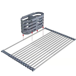 XL Extra Large Expandable Roll Up with Storage Basket 22.8" x 12.7" Over Sink Dish Drying Rack Multi-Purpose Kitchen Rolling Dish Drainer Foldable Stainless Steel Dish Drying Rack for Kitchen